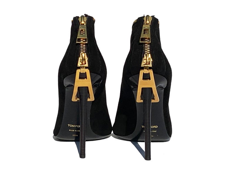 New Tom Ford Black Gold Suede Zipper-Heel Zip-Front Bootie Italian 38.5 ...