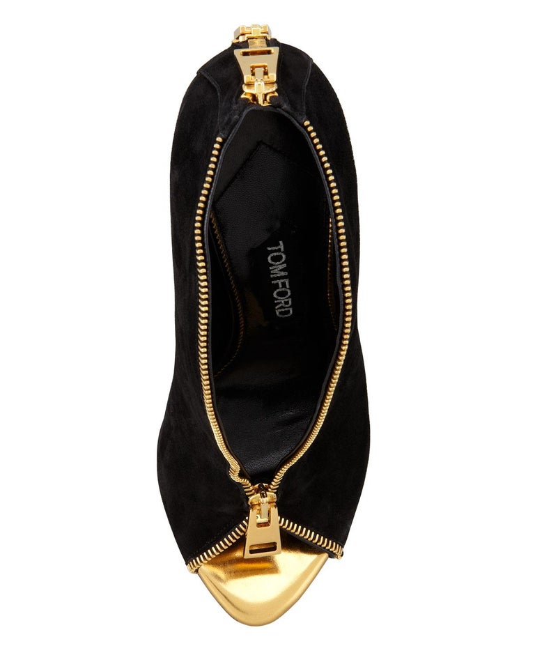 New Tom Ford Black Gold Suede Zipper-Heel Zip-Front Bootie Italian 38.5 ...