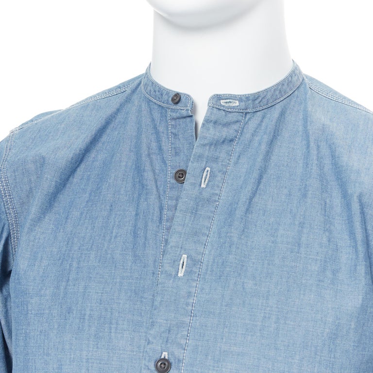 new UNIQLO LEMAIRE 100% cotton blue button front collarless long sleeve ...