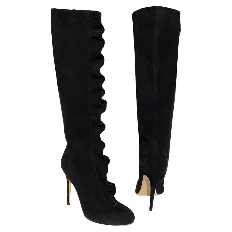 New Valentino Garavani Black Suede Ruffle Embellish Knee Boots Italian ...