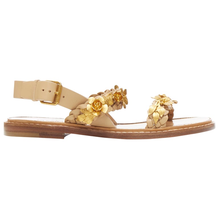 new VALENTINO tan brown braided gold metal flower embellished sandals ...