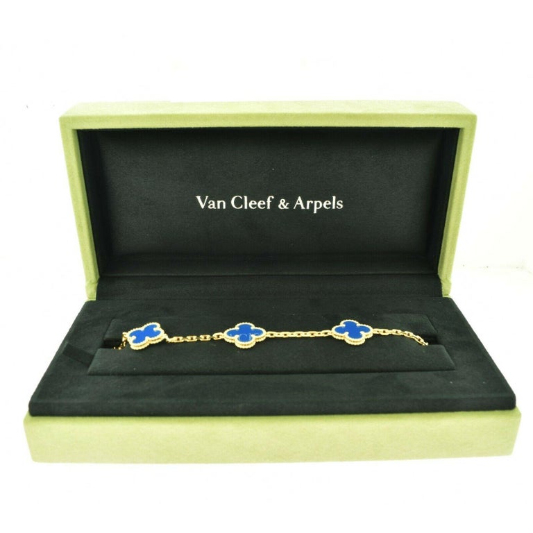 Van Cleef and Arpels Vintage Alhambra Blue Agate Gold 5 Motif Bracelet ...