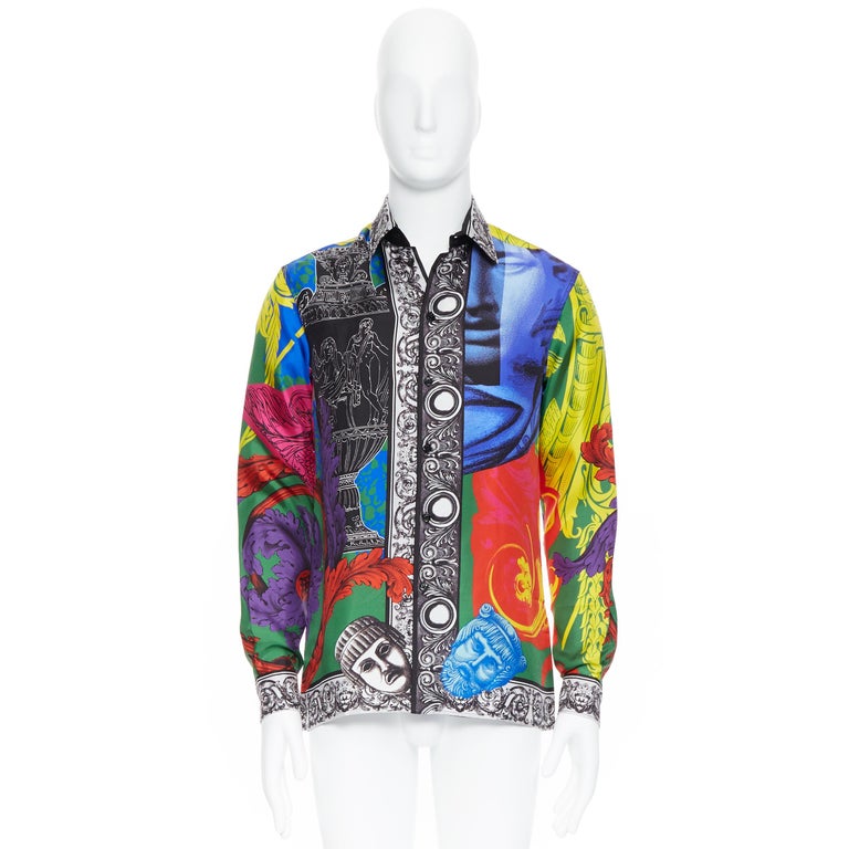new VERSACE 100% silk multicolor Grecian barocco abstract print shirt ...
