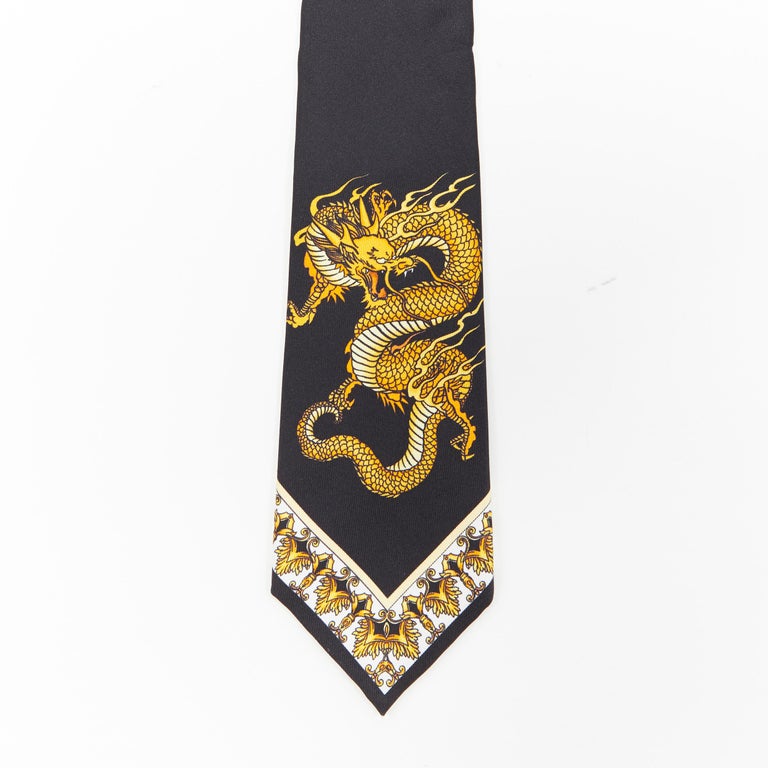 new VERSACE 100% silk print gold oriental dragon baroque slim tie at ...
