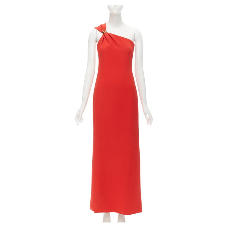 new VERSACE 100% silk red gold Virtus V clasp one shoulder gown dress ...
