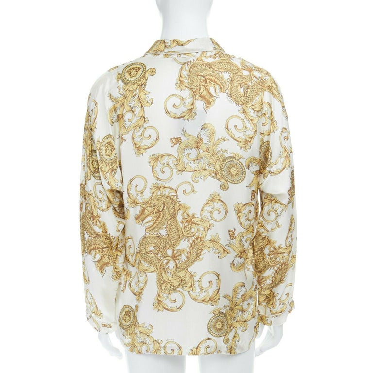 new VERSACE 100% silk white gold dragon Medusa baroque pyjama fit shirt ...