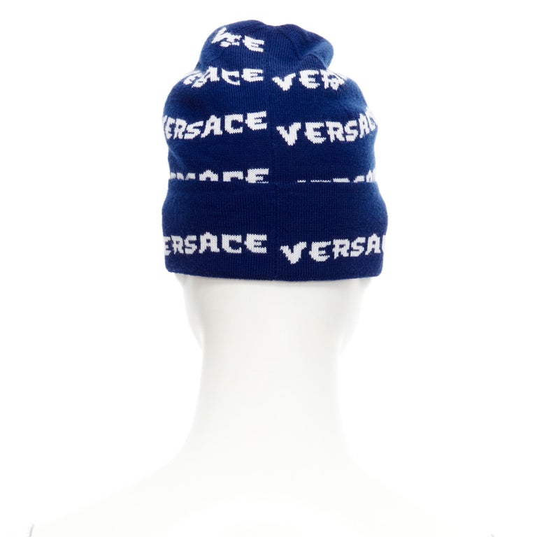 new VERSACE 100% wool black white logo monogram beanie hat For Sale at ...