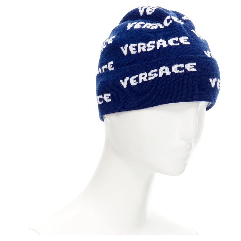 new VERSACE 100% wool black white logo monogram beanie hat For Sale at ...