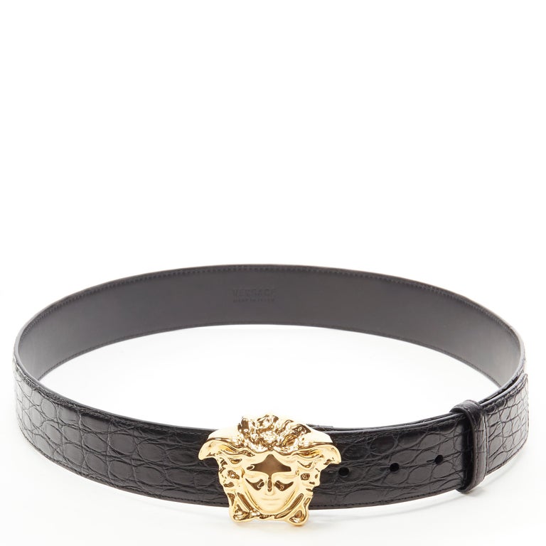 new VERSACE $1200 La Medusa gold buckle black croc leather belt 115cm ...