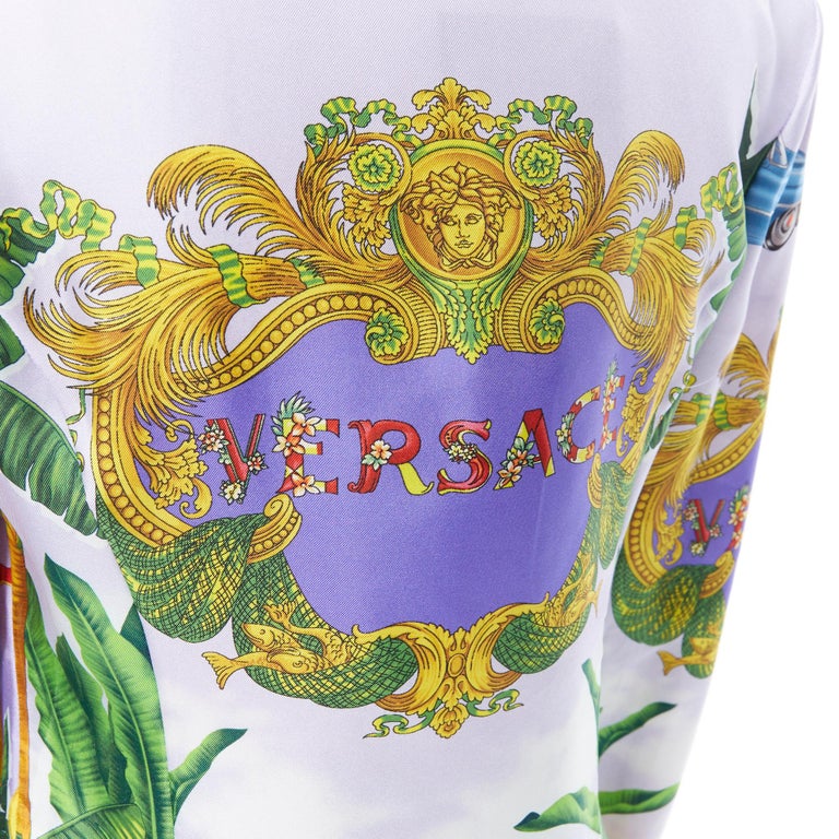 new VERSACE 2018 100% silk purple Miami palm tree logo baroque print ...