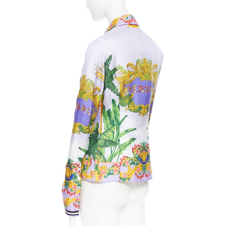 new VERSACE 2018 100% silk purple Miami palm tree logo baroque print ...