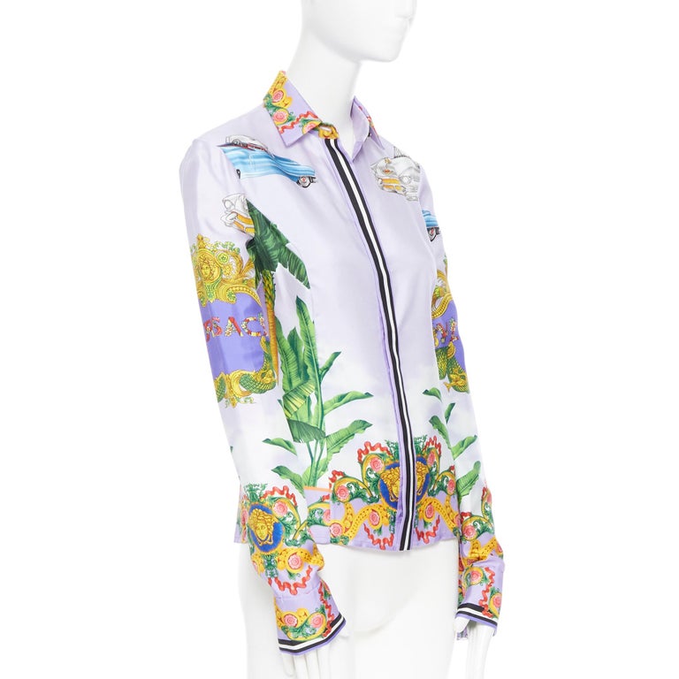 new VERSACE 2018 100% silk purple Miami palm tree logo baroque print ...