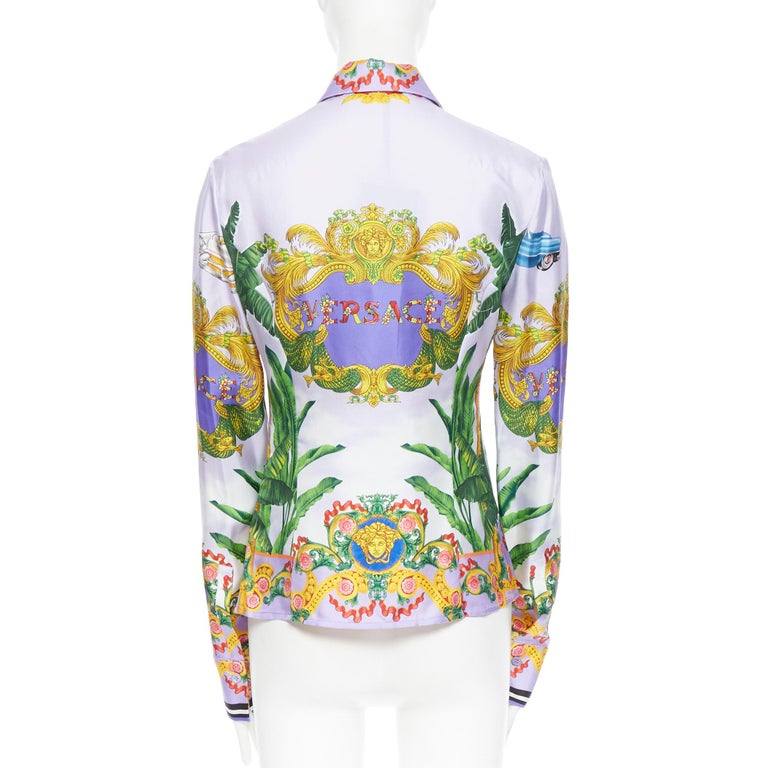 new VERSACE 2018 100% silk purple Miami palm tree logo baroque print ...