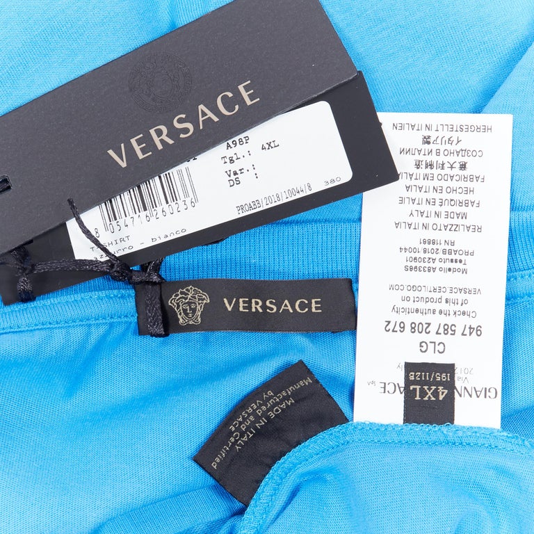 new VERSACE 2018 blue vintage 90's logo front Medusa print slogan t ...