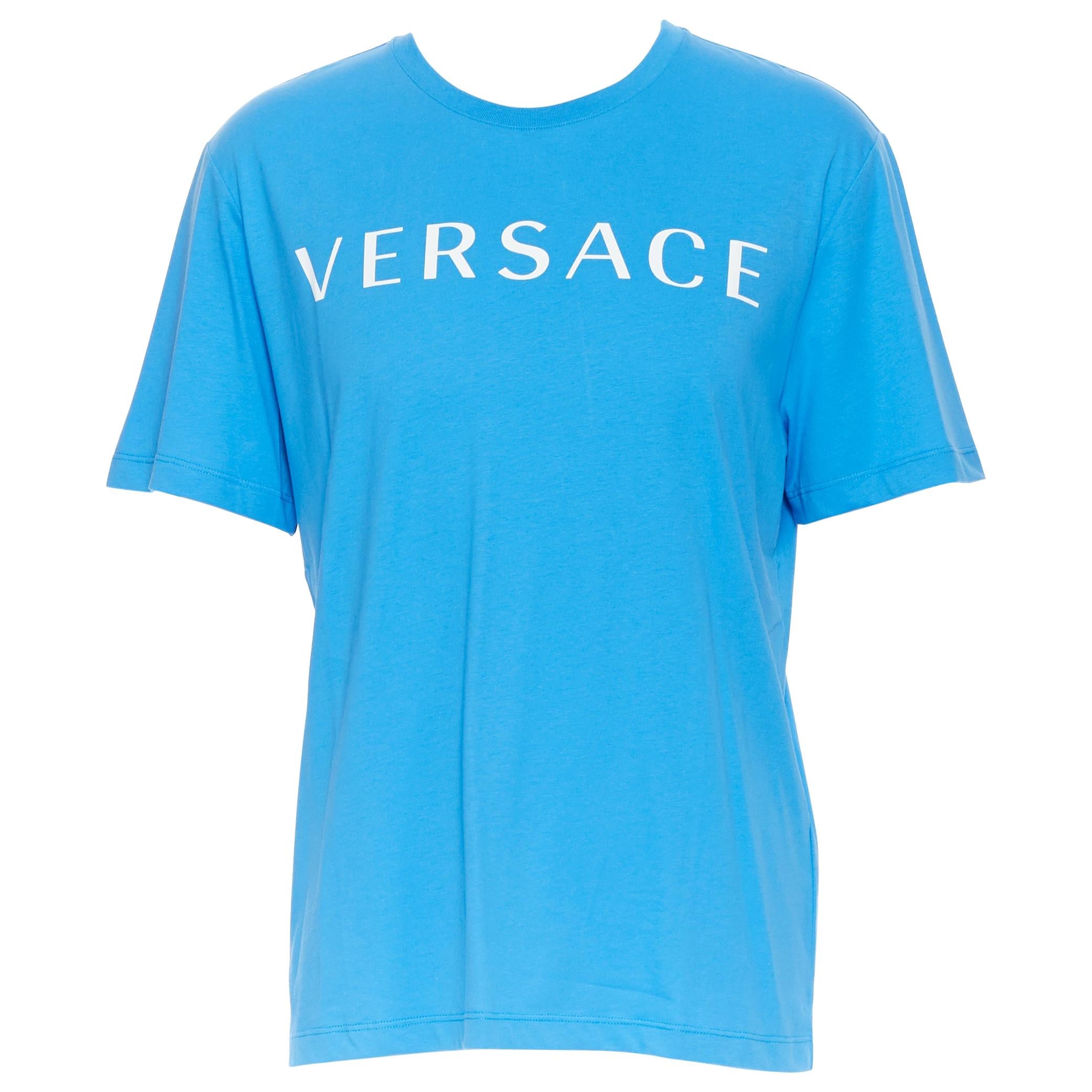 new VERSACE 2018 blue vintage 90''s logo front Medusa print slogan t ...