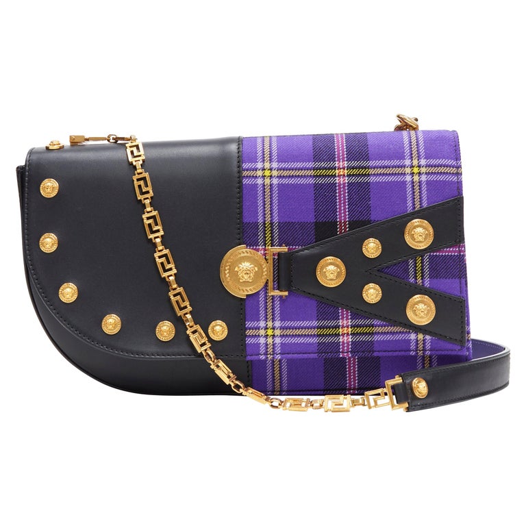 new VERSACE 2018 Runway punk purple plaid Medusa medallion curved ...