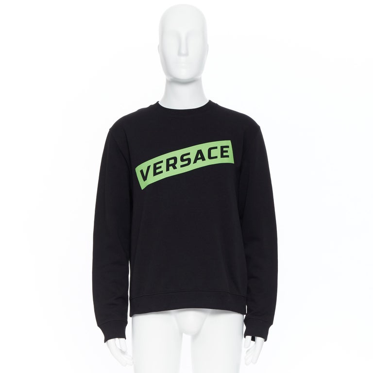 new VERSACE 2019 black cotton green box logo graphic crewneck pullover ...