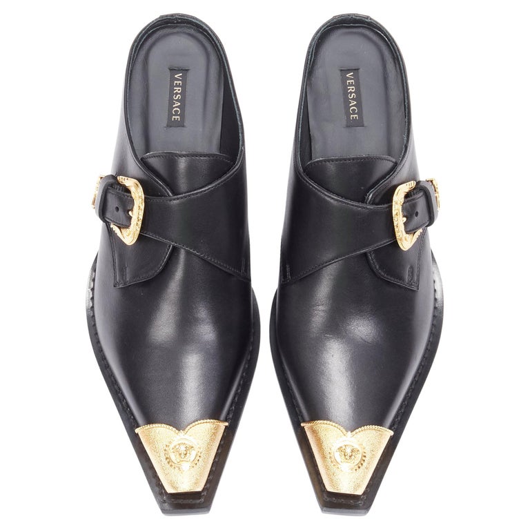 new VERSACE 2019 black leather gold Medusa toe western buckle cuban ...