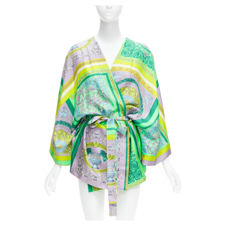 new VERSACE 2020 Mosaic Barocco 100% silk green print belted robe Sz.4 ...