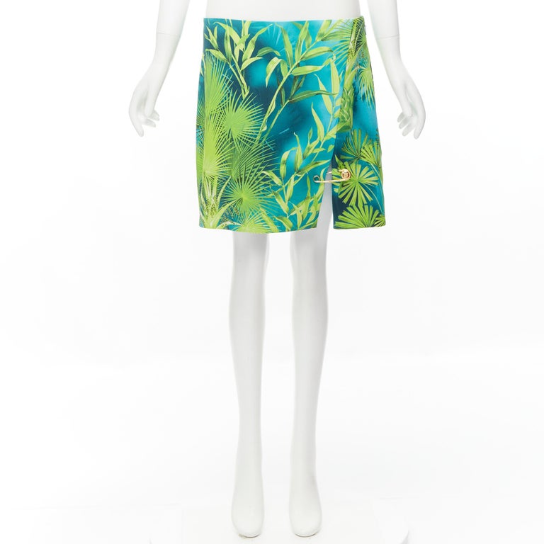 new VERSACE 2020 Runway green Jungle gold Medusa safety pin mini skirt ...