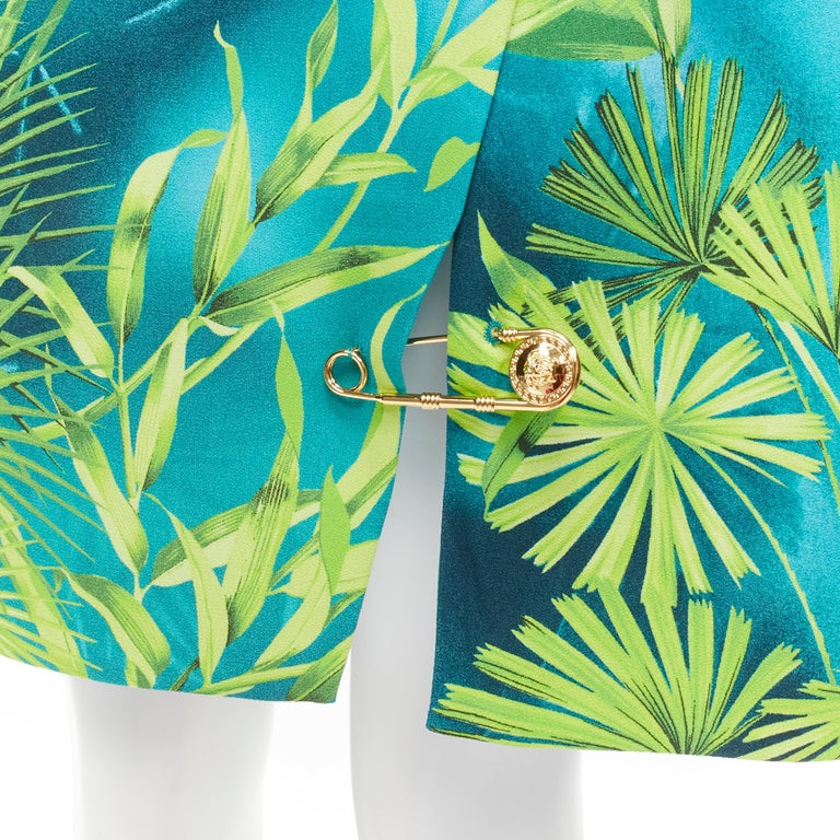 new VERSACE 2020 Runway green Jungle gold Medusa safety pin mini skirt ...