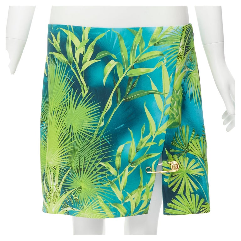 new VERSACE 2020 Runway green Jungle gold Medusa safety pin mini skirt ...