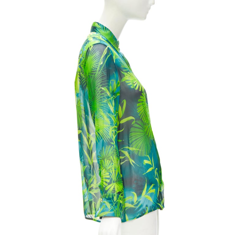 new VERSACE 2020 Runway JLo Jungle green 100% silk sheer shirt IT36 XXS ...