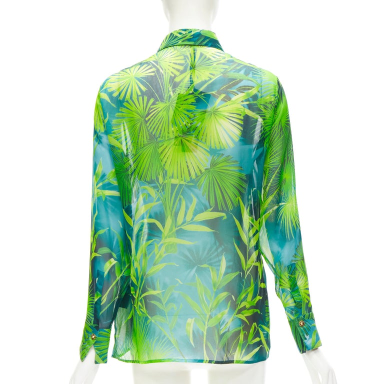 new VERSACE 2020 Runway JLo Jungle green 100% silk sheer shirt IT36 XXS ...