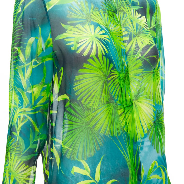 new VERSACE 2020 Runway JLo Jungle green 100% silk sheer shirt IT36 XXS ...