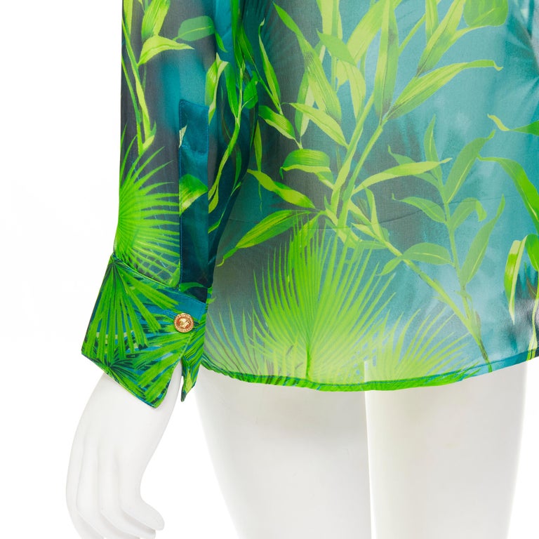 new VERSACE 2020 Runway JLo Jungle green 100% silk sheer shirt IT36 XXS ...