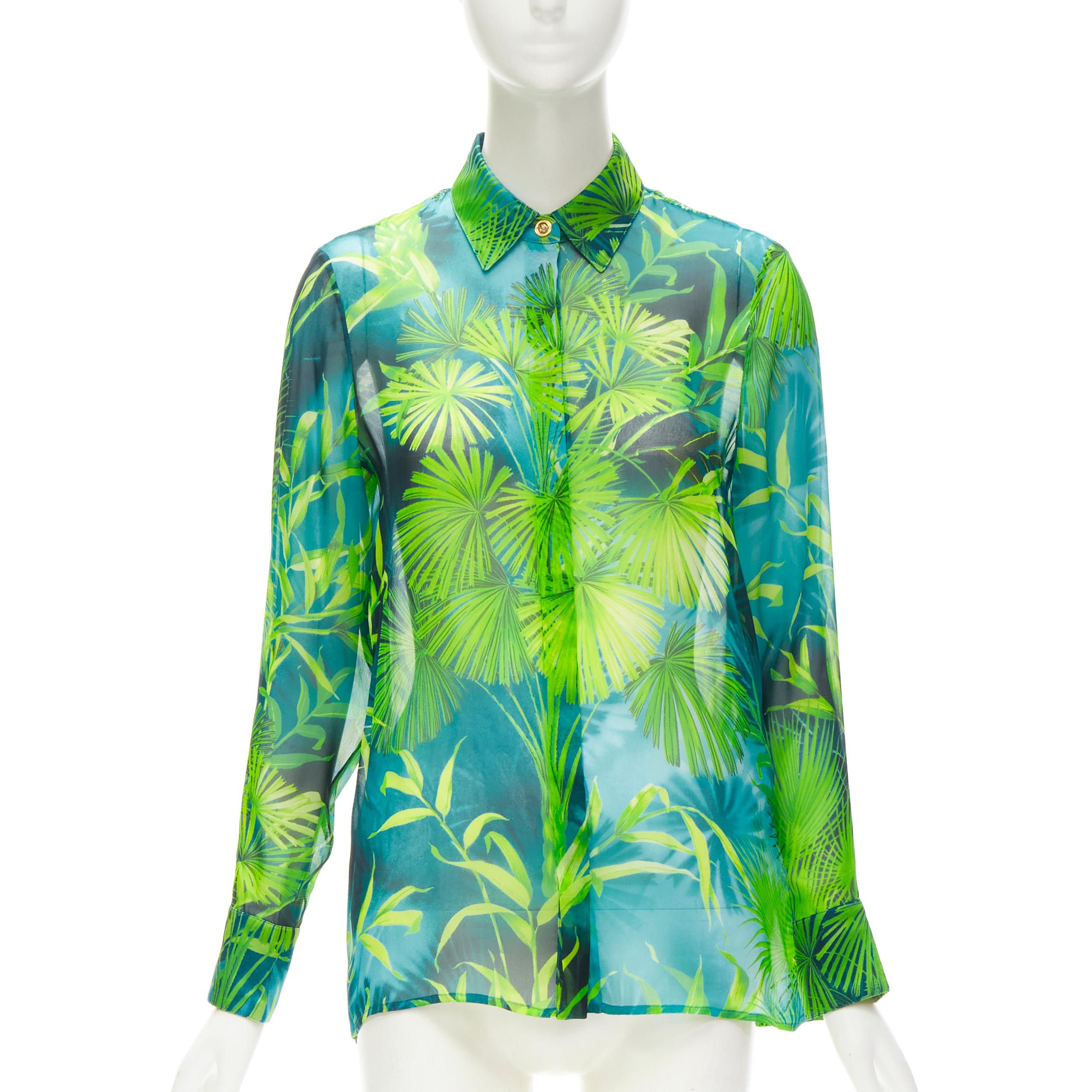 new VERSACE 2020 Runway JLo Jungle green 100% silk sheer shirt IT36 XXS ...