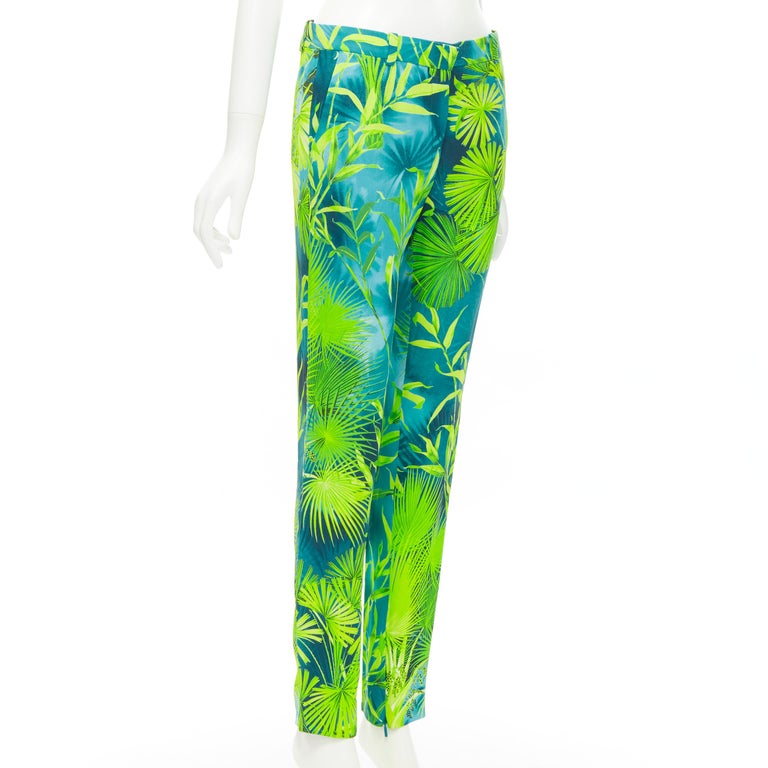 new VERSACE 2020 Runway Jlo Jungle green tropical print viscose pants IT40 S For Sale at 1stDibs