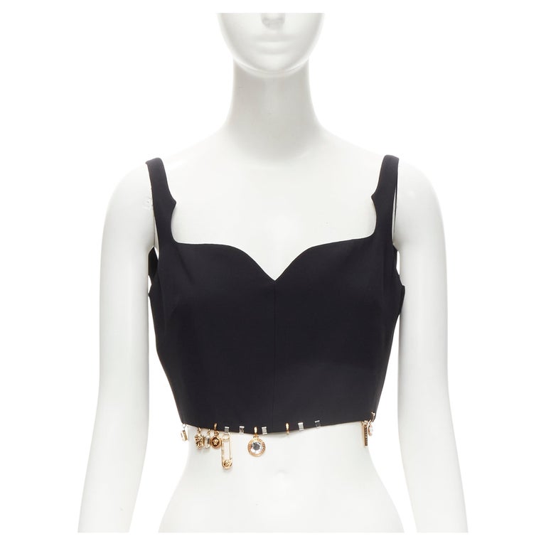new VERSACE 2021 gold Medusa safety pin crystal black bra top IT40 S ...
