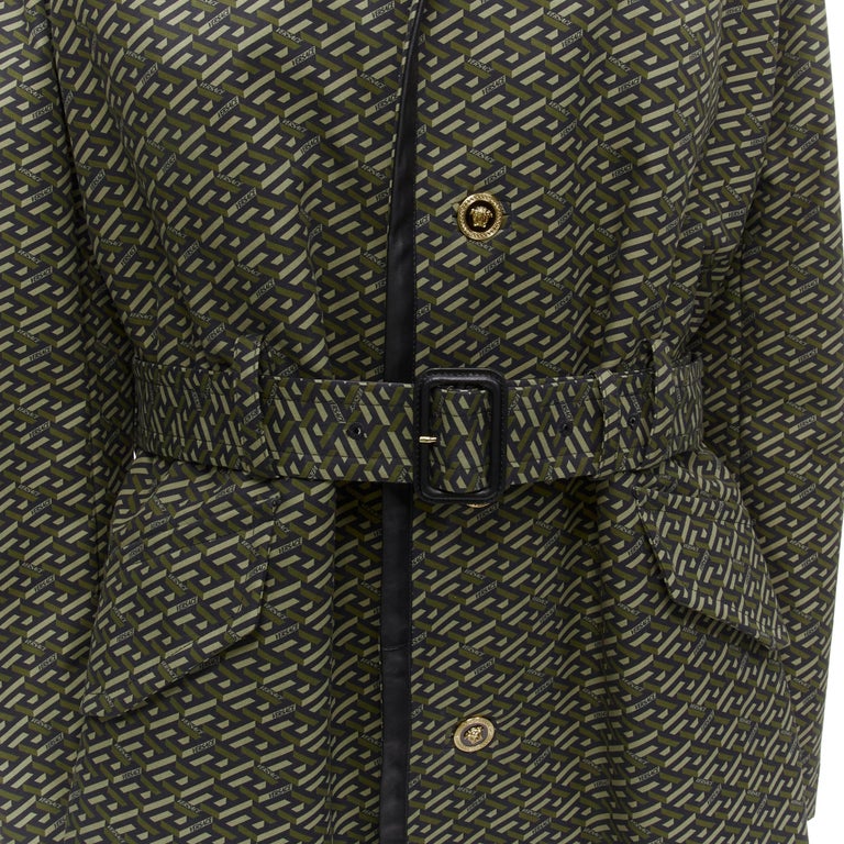 new VERSACE 2021 La Greca green graphic leather Medusa Mac trench coat ...