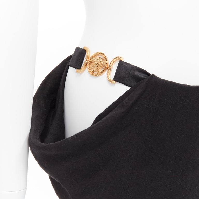 new VERSACE 2021 Runway gold Medusa Medallion Coin cut out draped skirt ...