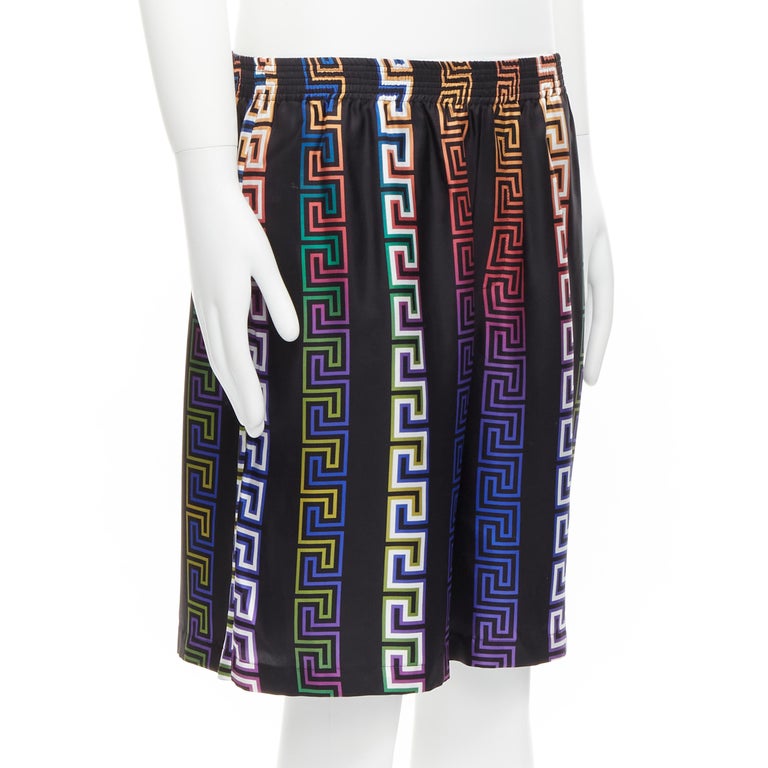 new VERSACE 2021 Runway Neon Greca black college fit silk twill shorts ...
