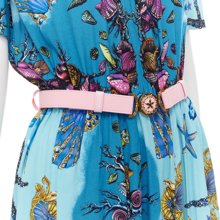 new VERSACE 2021 Tresor De La Mer blue print starfish belt dress IT42 M ...