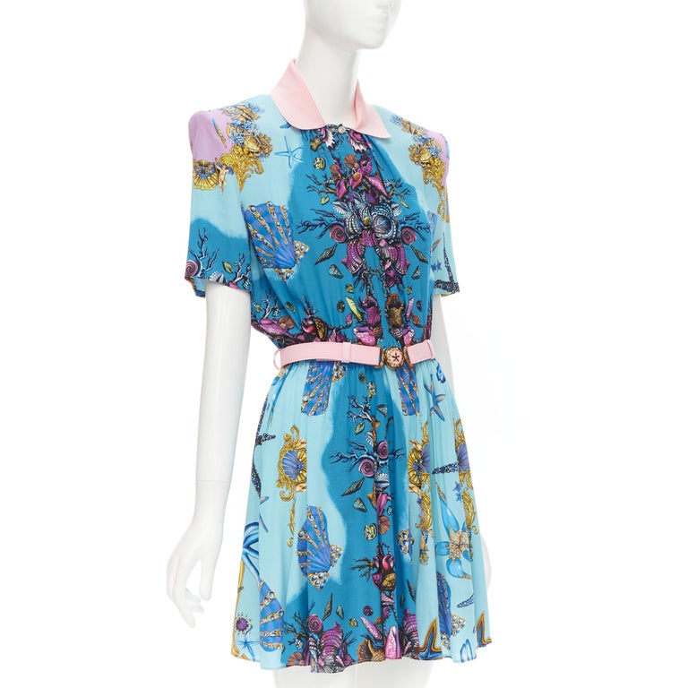 new VERSACE 2021 Tresor De La Mer blue print starfish belt dress IT42 M ...