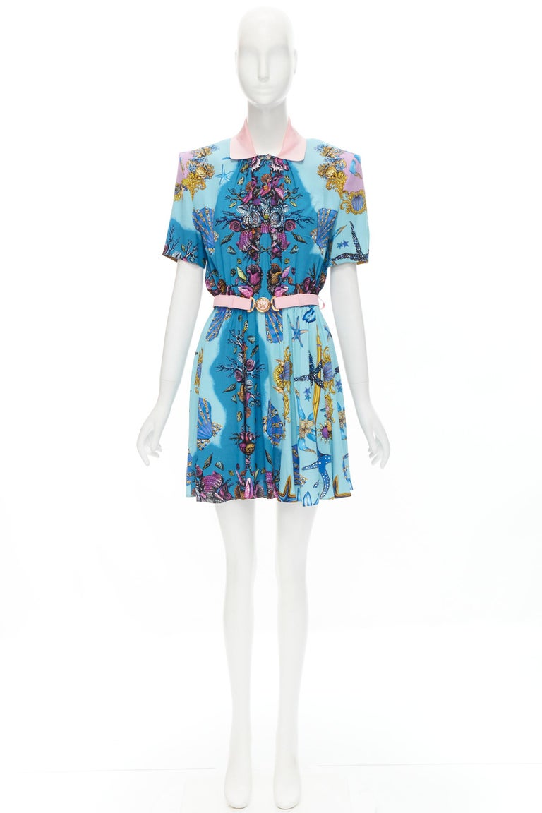 new VERSACE 2021 Tresor De La Mer blue print starfish belt dress IT42 M ...