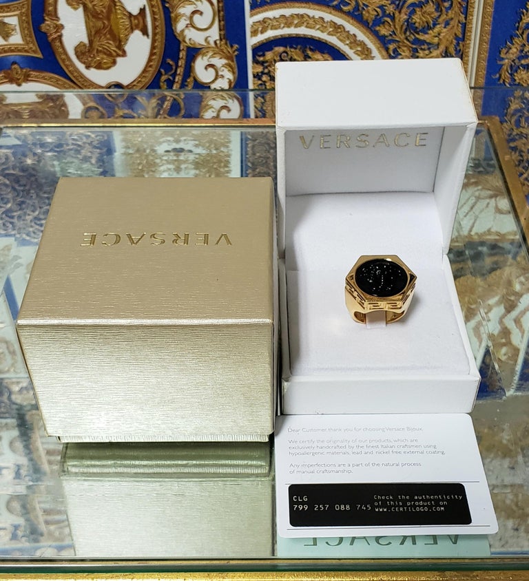 NEW VERSACE 24K GOLD PLATED GREEK KEY BLACK MEDUSA RING size 9, 12 For ...