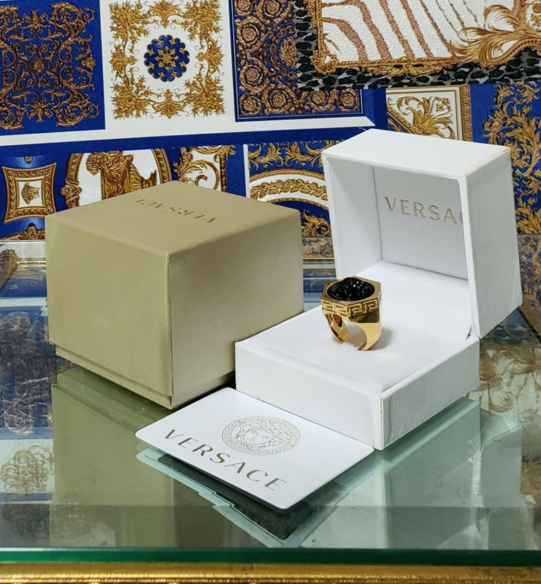 NEW VERSACE 24K GOLD PLATED GREEK KEY BLACK MEDUSA RING size 9, 12 For ...