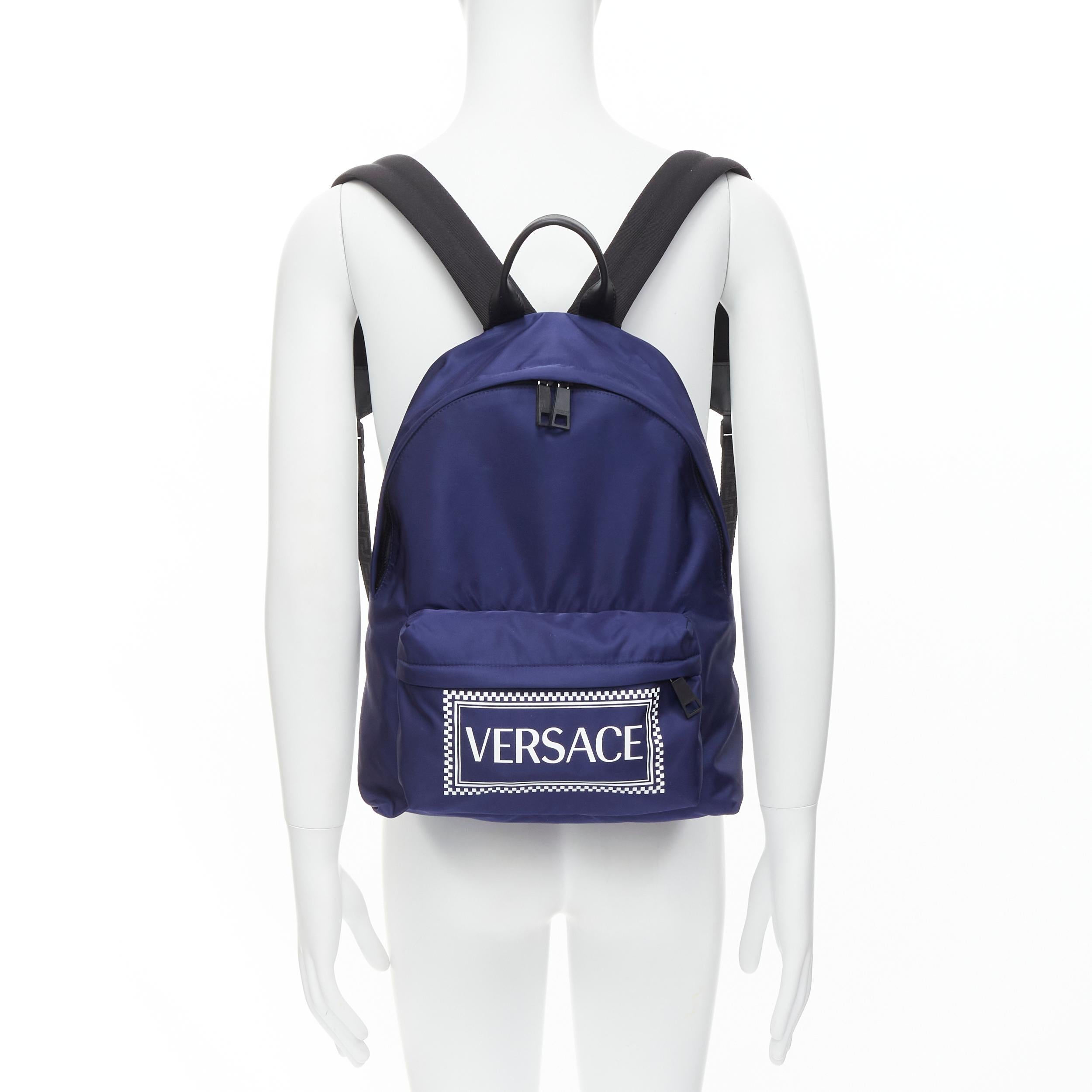 new VERSACE 90's Box Logo navy blue nylon Greca strap backpack For Sale ...