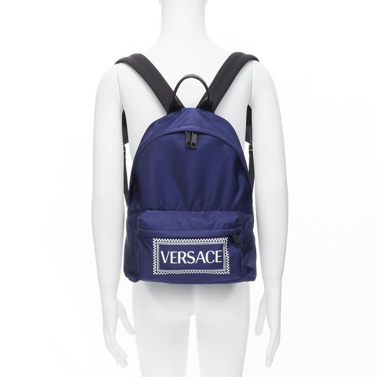 new VERSACE 90's Box Logo navy blue nylon Greca strap backpack For Sale ...