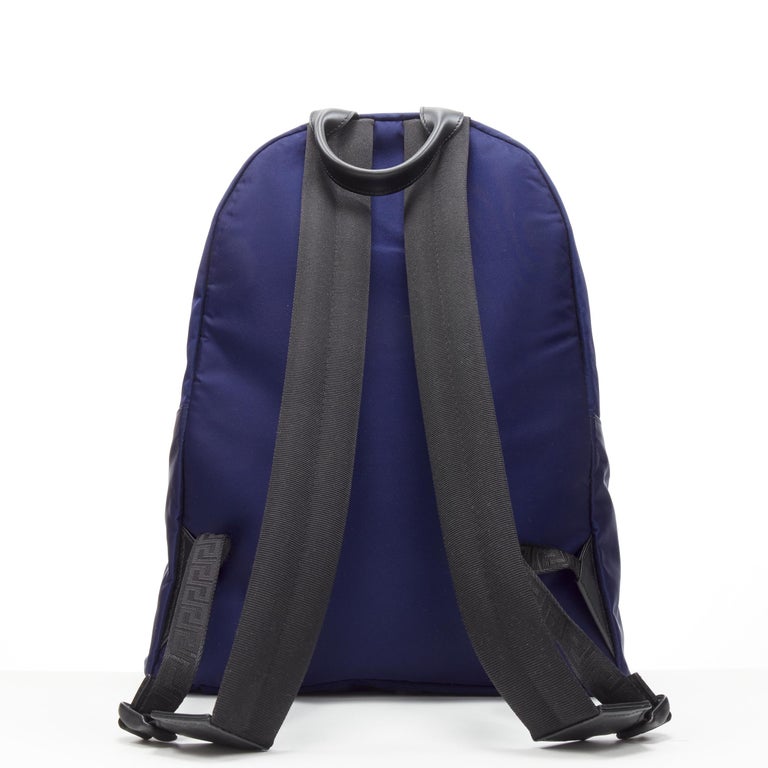 new VERSACE 90's Box Logo navy blue nylon Greca strap backpack For Sale ...