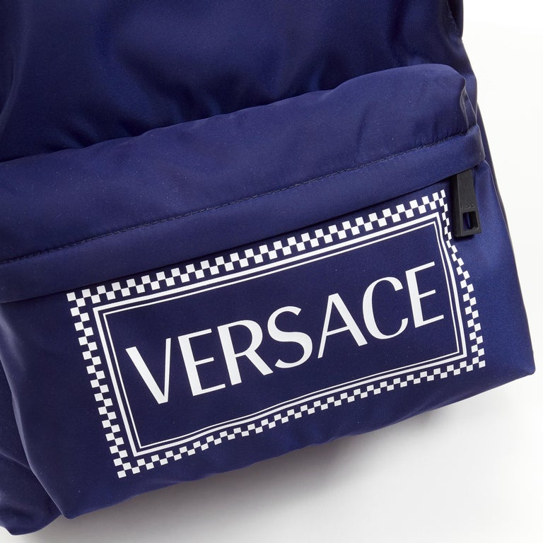 new VERSACE 90's Box Logo navy blue nylon Greca strap backpack For Sale ...