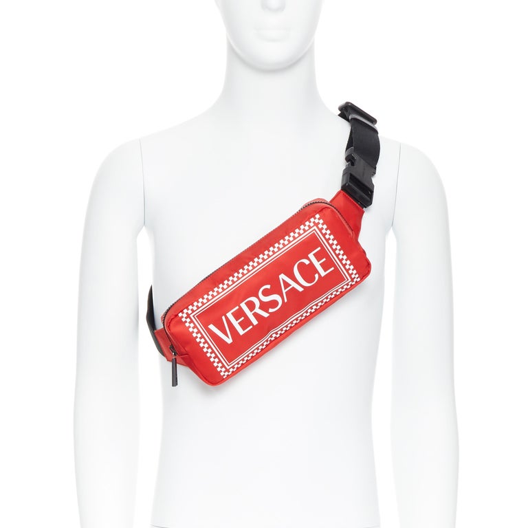 new VERSACE 90's vintage box logo print red nylon crossbody waist belt ...
