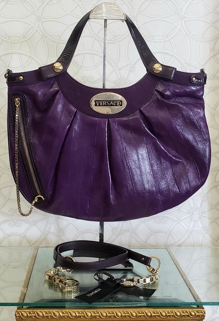 NEW VERSACE AMETHYST EEL LEATHER HANDBAG w/Gold Tone HARDWARE For Sale ...