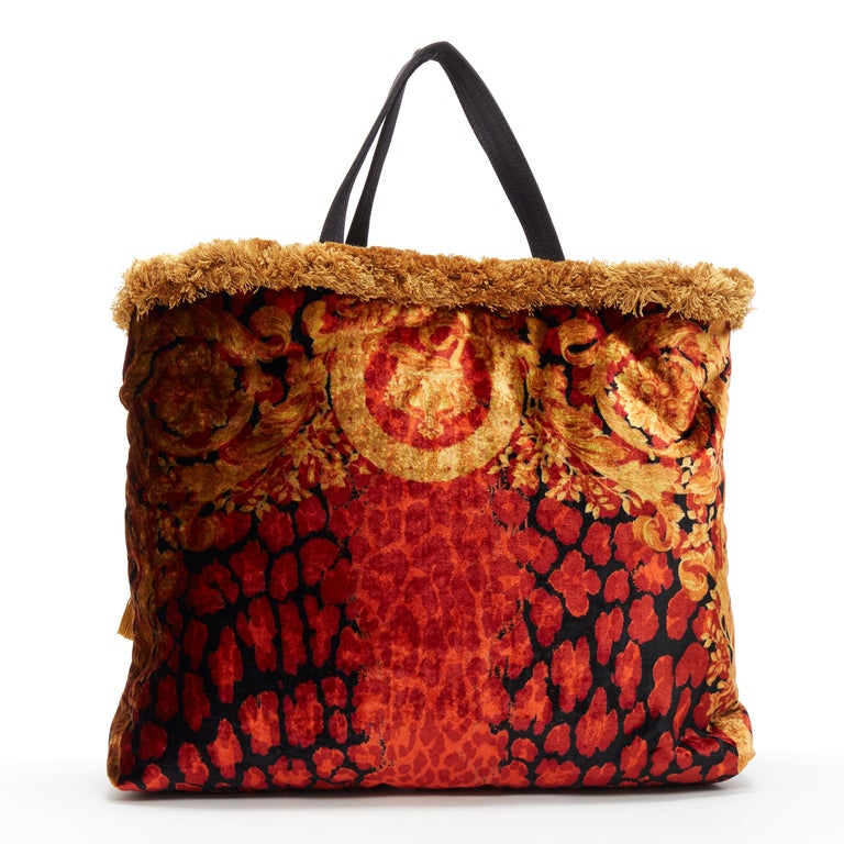 new VERSACE AW18 Pillow Talk red leopard velvet fringe trimmed large ...