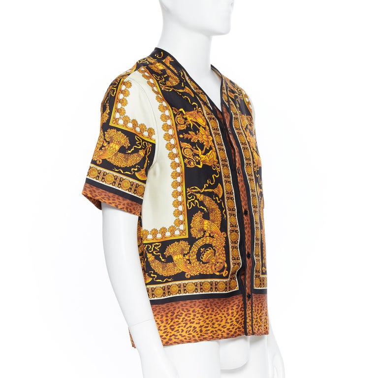 new VERSACE AW18 Runway 100% silk Wild Leopard baroque black gold shirt ...