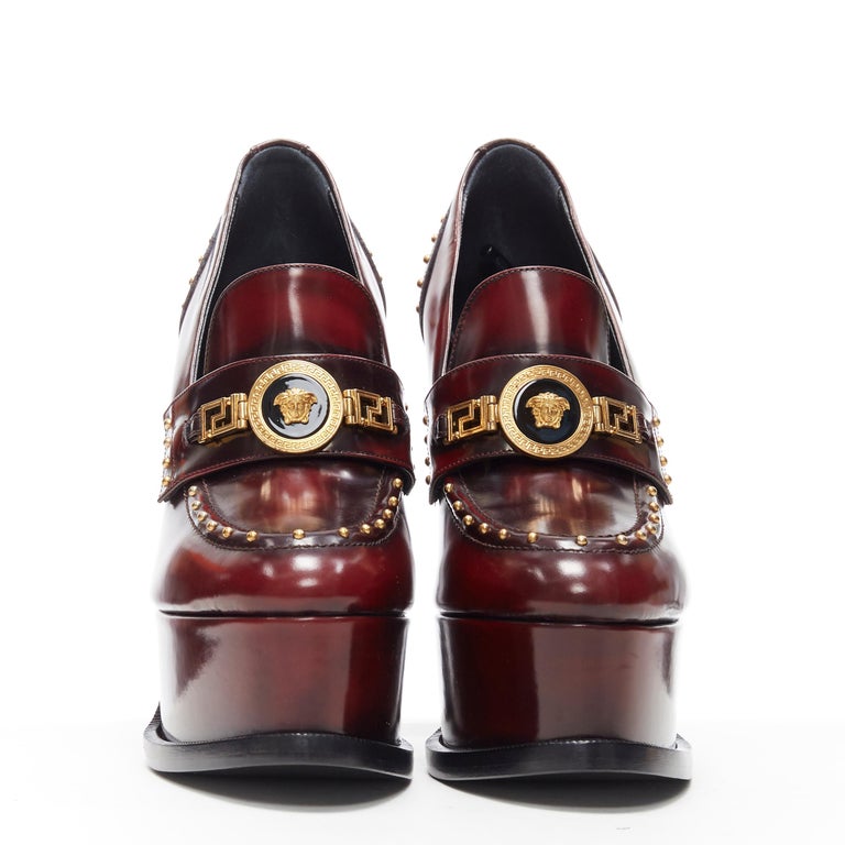 new VERSACE AW18 Runway burgundy calf chain Medusa platform loafer pump ...